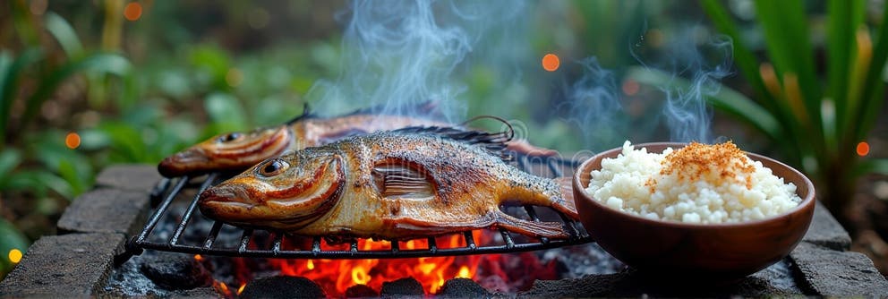 Grilled Fish Over Open Fire with Bowl of Seasoned Rice Outdoors Stock ...