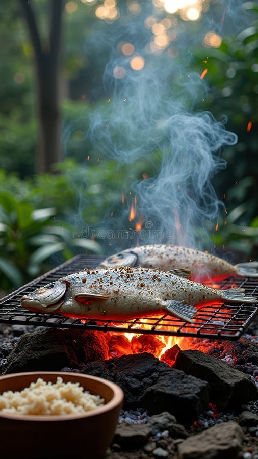 Grilled Fish Over Open Fire in Forest Setting with Smoke Rising Stock ...