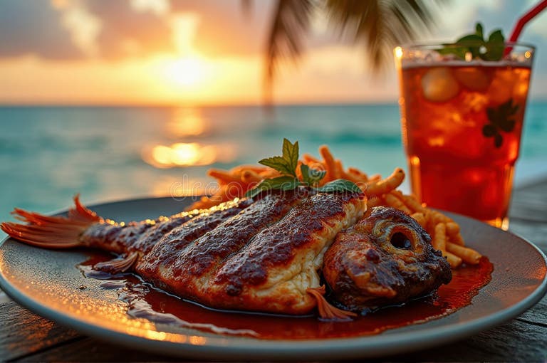 Grilled Fish and Pasta at Tropical Beach with Sunset and Iced Beverage ...