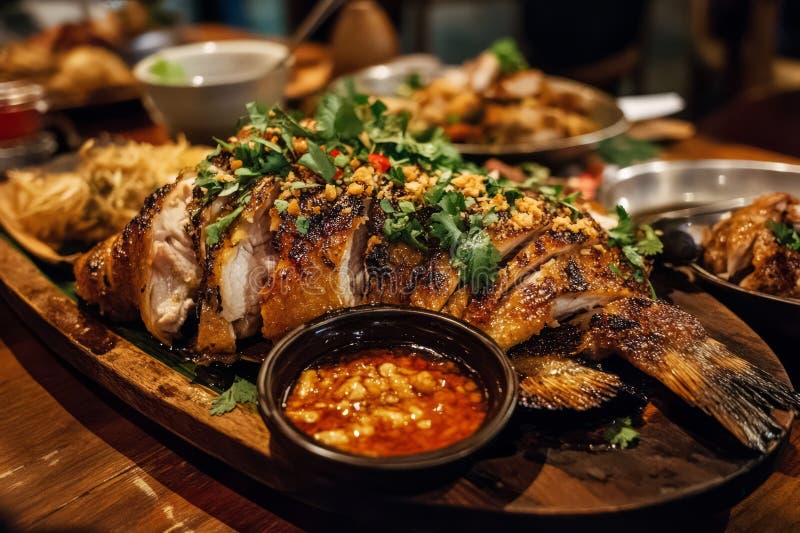 Grilled Fish Platter with Fresh Herbs and Salsa. Artificial ...