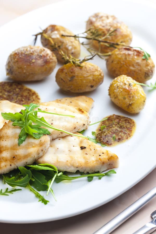 Grilled Fish with Grilled Potatoes Stock Photo - Image of life, potato ...