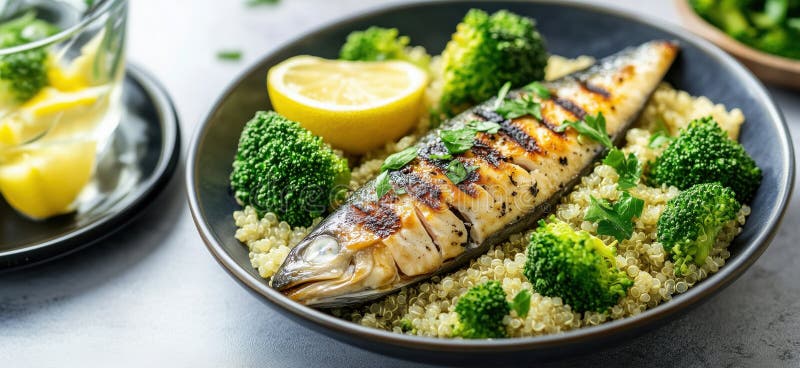 Grilled Fish with Quinoa and Broccoli Served with Lemon Slices on a ...