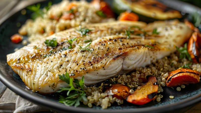 Grilled Fish with Quinoa and Roasted Vegetables Stock Illustration ...