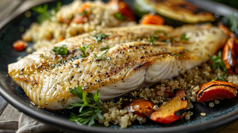 Grilled Fish with Quinoa and Roasted Vegetables Stock Illustration ...