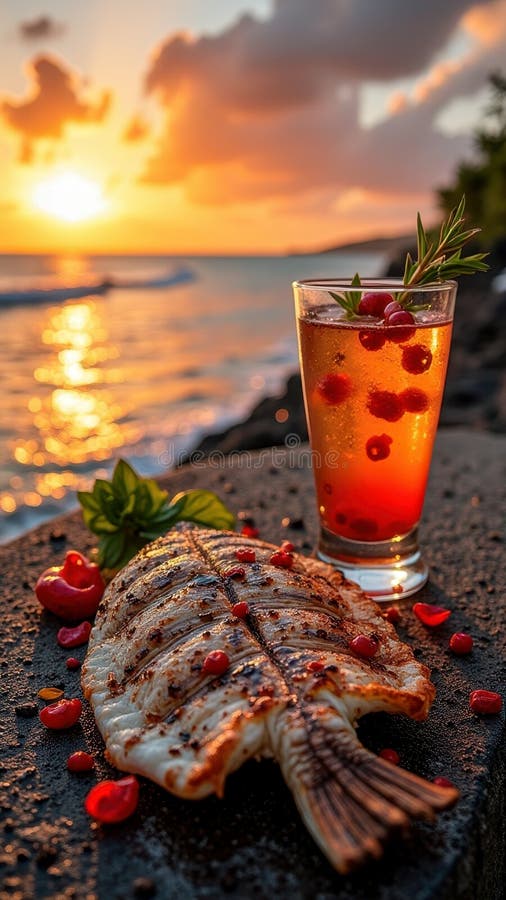 Grilled Fish and Refreshing Berry Drink by Tropical Sunset Beach Stock ...