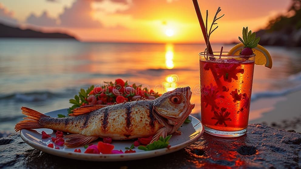 Grilled Fish with Refreshing Cocktail at Tropical Beach Sunset Stock ...