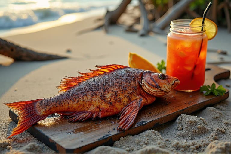 Grilled Fish and Refreshing Tropical Drink on Sandy Beach at Sunset ...
