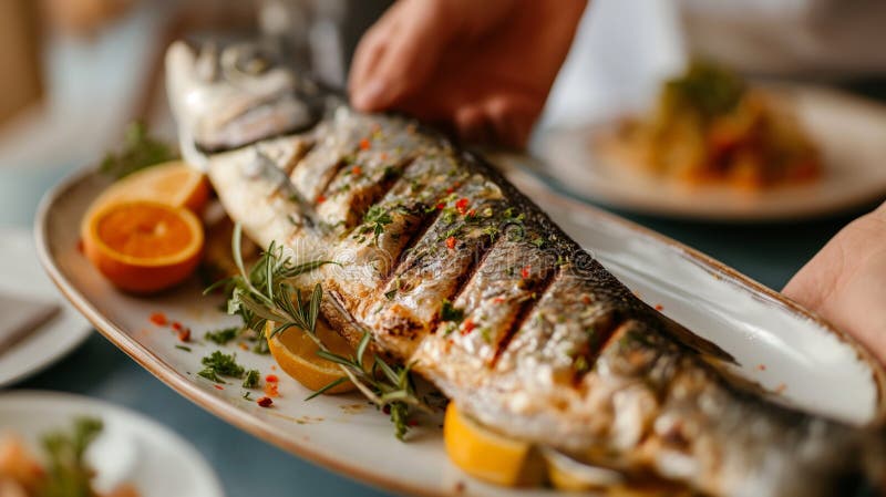 Grilled Fish at a Restaurant Stock Photo - Image of fried, vegetable ...