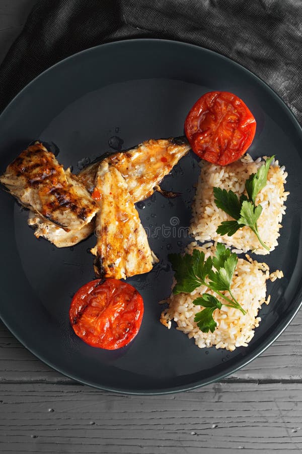Grilled Fish with Rice Above View Stock Photo - Image of life, food ...