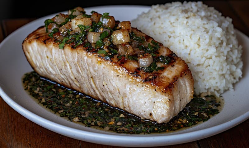 Grilled Fish with Rice and Herb Sauce Stock Illustration - Illustration ...