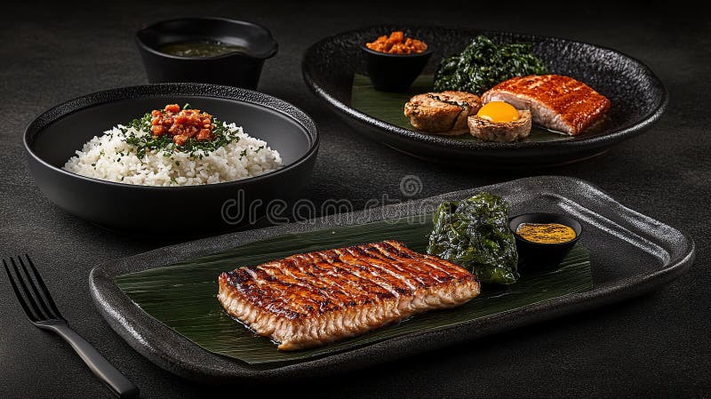 Grilled Fish, Rice, and Sides, Dark Setting, Asian Cuisine, Restaurant ...