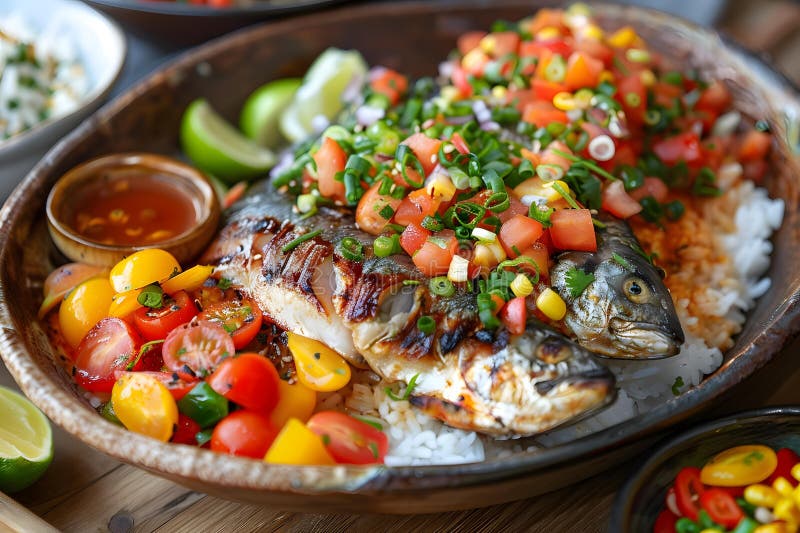 Grilled Fish with Rice and Tomato Salsa Generated Using AI. Stock ...