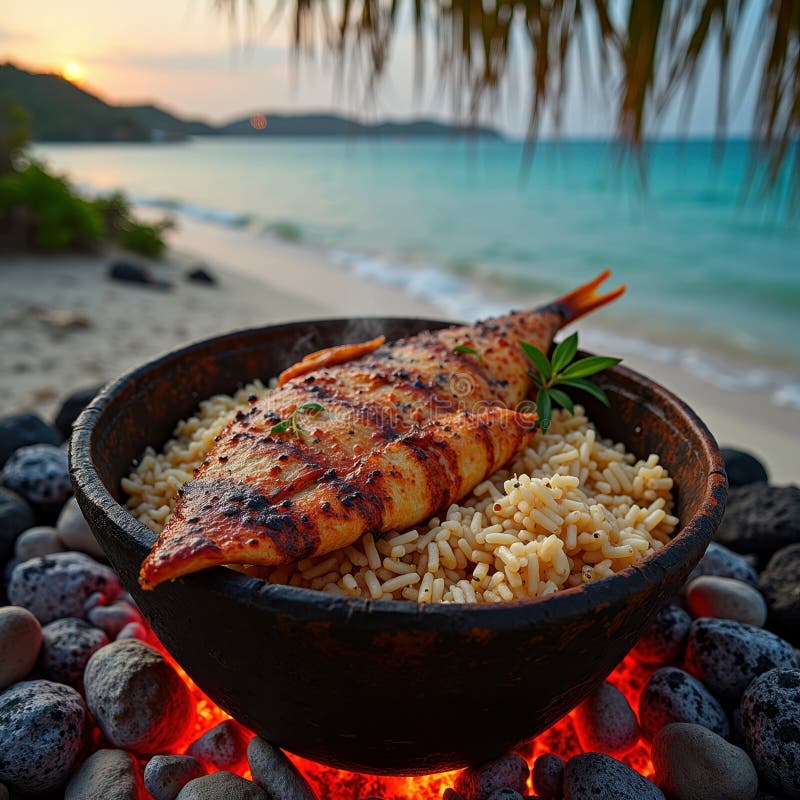 Grilled Fish on Rice in Wooden Bowl by Tropical Beach at Sunset Stock ...