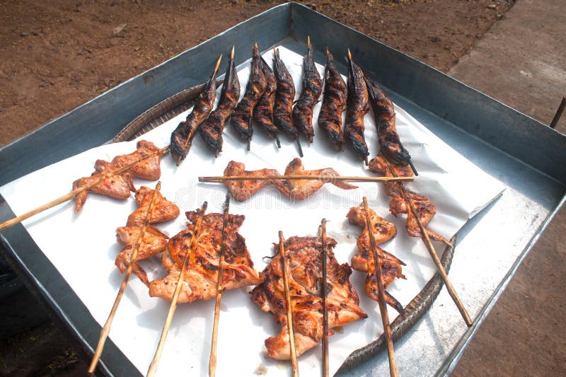 Grilled Fish and Roast Chicken on Tray. Stock Photo - Image of thai ...