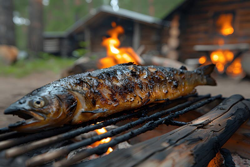 Outdoor Barbecue Grilled Fish in Rustic Forest Setting for Summer ...