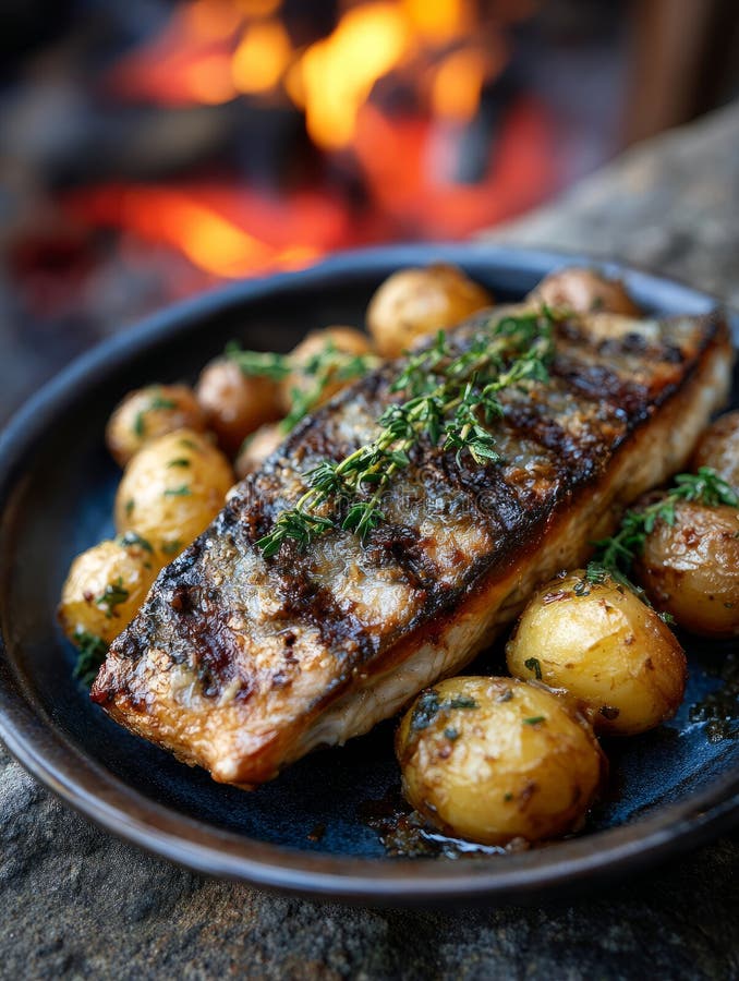 Grilled Fish with Roasted Potatoes and Herbs by a Fire. Stock Photo ...