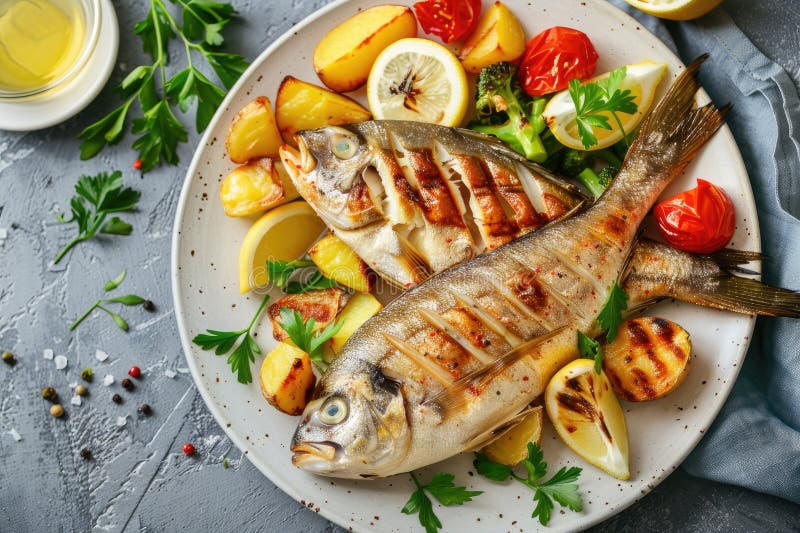 Grilled Fish with Roasted Potatoes and Vegetables on the Plate Stock ...
