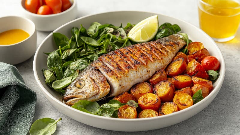 Grilled Fish with Roasted Vegetables Stock Image - Image of diet, meal ...