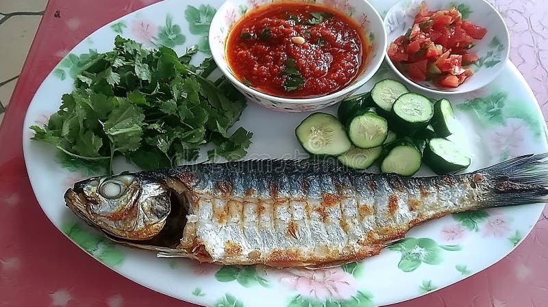Grilled Fish, Salsa, Herbs, Cucumber, Table Stock Image - Image of ...