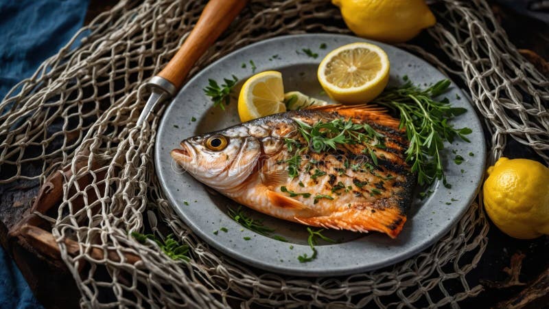 Grilled Fish Served on a Plate with Lemon and Herbs, Surrounded by a ...