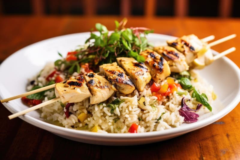 Grilled Fish Skewers Served on Top of a Bed of Rice Stock Photo - Image ...