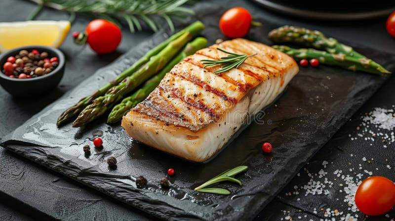 Grilled Fish Steak with Asparagus, Generative AI, Stock Illustration ...