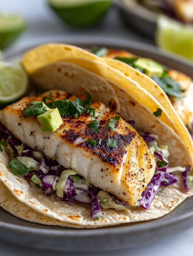 Grilled Fish Taco with Slaw and Avocado Stock Image - Image of dinner ...