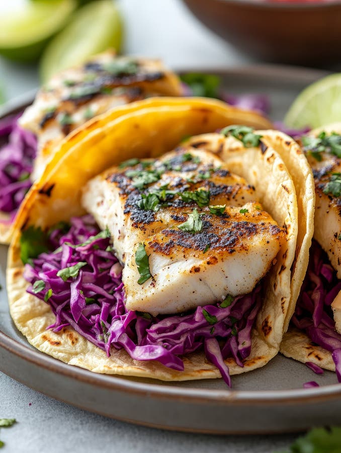 Grilled Fish Tacos with Cabbage and Lime on a Plate. Stock Image ...