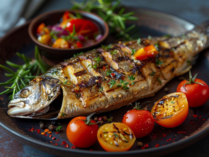 Grilled Fish on a Plate with Lemon and Rosemary Stock Image - Image of ...
