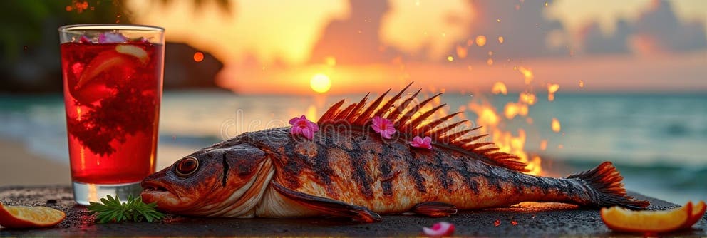 Grilled Fish with Tropical Cocktail by Ocean Sunset Flame Scenery Stock ...