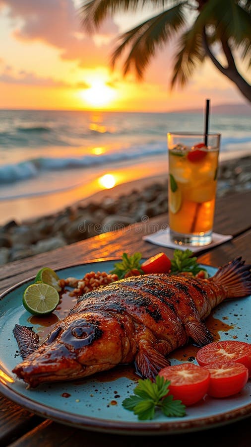 Grilled Fish Tropical Drink Beach Sunset Palm Trees Stock Photos - Free ...