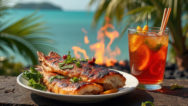 Grilled Fish and Tropical Drink by Beachside Fire on Sunny Day Stock ...