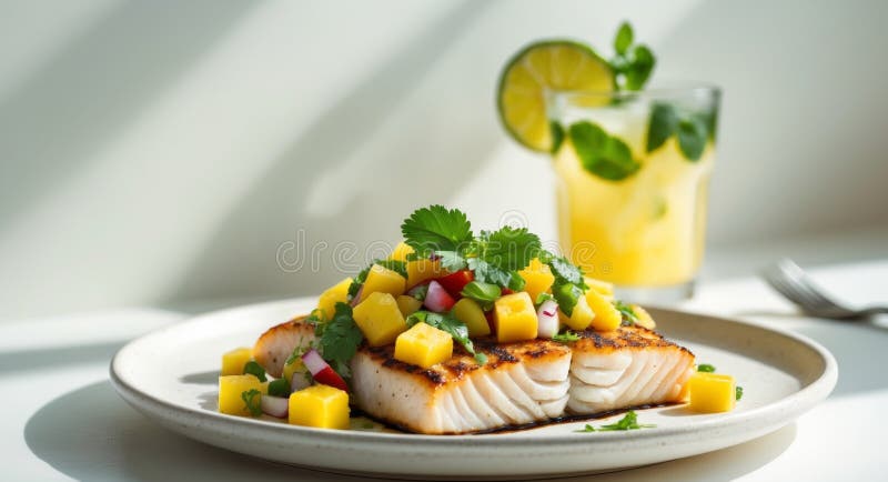 Grilled Fish with Tropical Fruit Salsa and Refreshing Drink. Stock ...