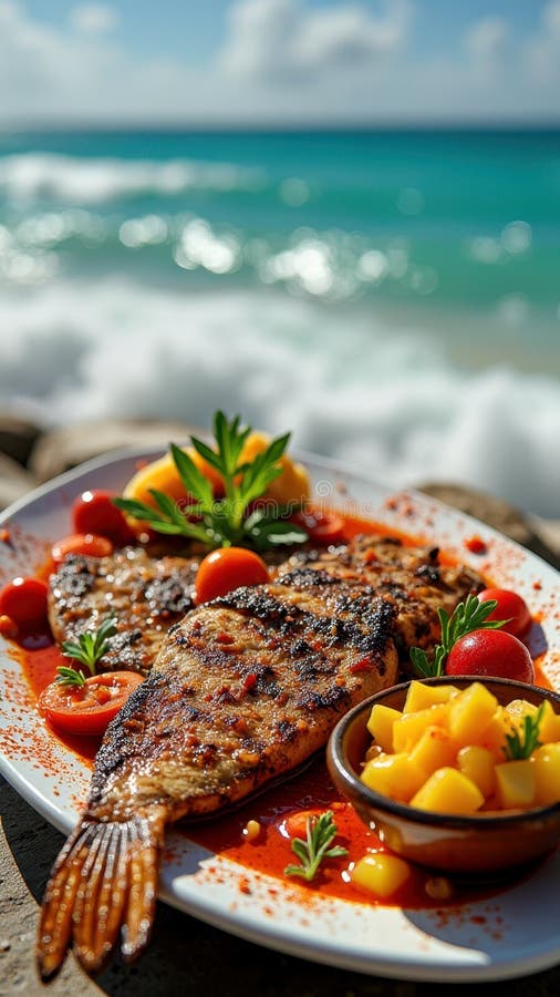 Grilled Fish Tropical Fruits Beachside Setting Stock Photos - Free ...