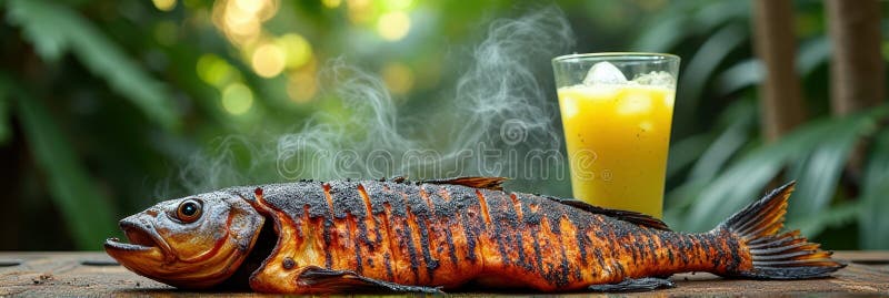 Grilled Fish with Tropical Juice on Outdoor Wooden Table in Nature ...