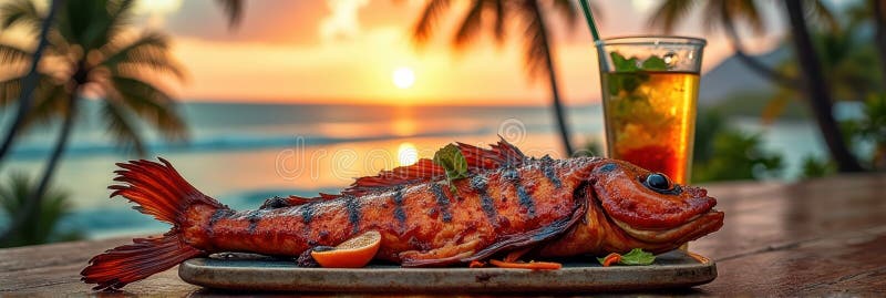 Grilled Fish Tropical Sunset Beach Refreshing Beverage Stock Photos ...