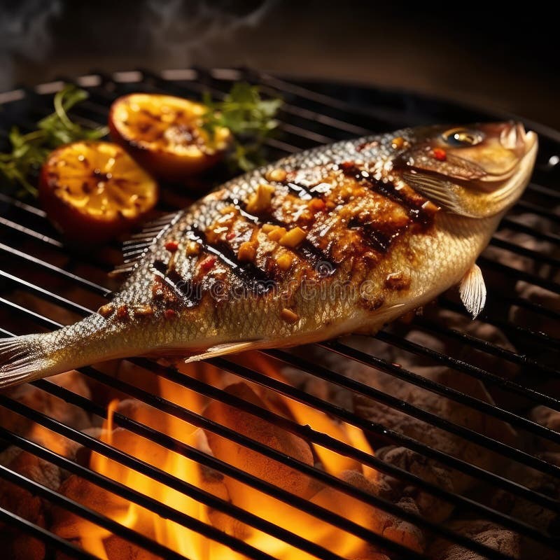 Grilled Fish with Various Vegetables on the Flaming Grill Stock ...