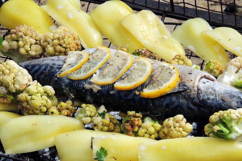 Grilled Fish with Vegetables Stock Image - Image of food, omega: 57355119