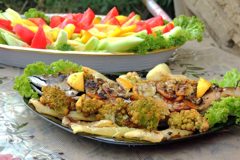 Grilled Fish with Vegetables Stock Photo - Image of green, flavored ...