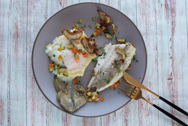 Grilled Fish with Vegetables, Egg and Artichokes. Top View Stock Image ...