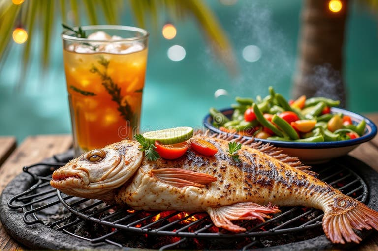 Grilled Fish with Vegetables and Iced Tea by a Tropical Poolside Stock ...