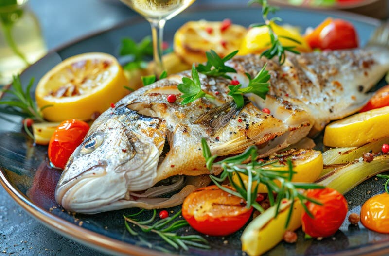Grilled Fish with Vegetables on a Plate. Stock Image - Image of eating ...