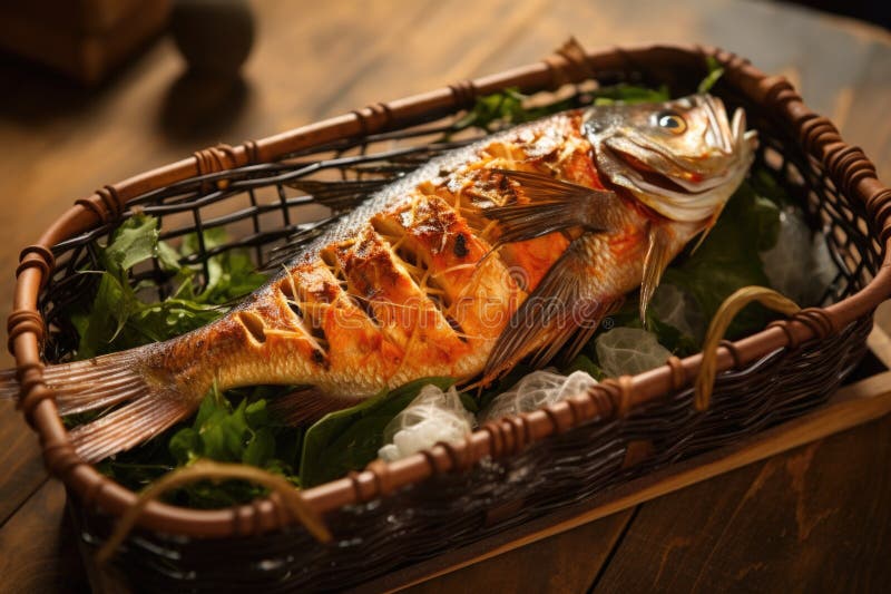 Grilled Fish in a Wire Basket on a Wooden Board Stock Illustration ...