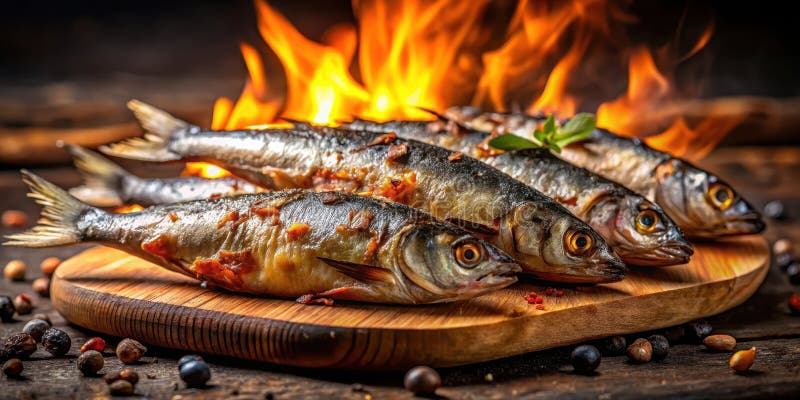 Grilled Fish on Wooden Board Near Open Fire. Generative AI Stock ...