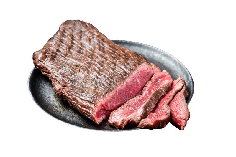 Grilled Flap or Flank Steak, Sliced on a Plate. Isolated on White ...