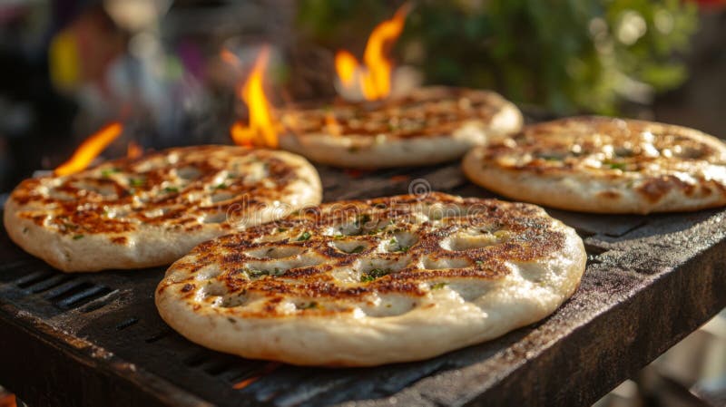 Grilled Flatbreads Cooking Over Open Flames Stock Illustration ...
