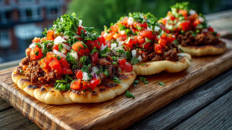 Grilled Flatbreads with Ground Beef and Tomato Salsa Stock Illustration ...