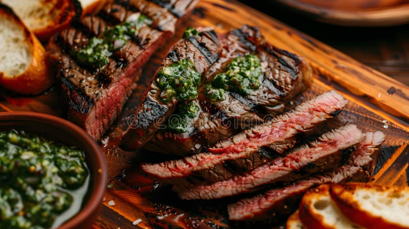 A Rustic Board of Grilled Steak Slices with Chimichu Stock Illustration ...