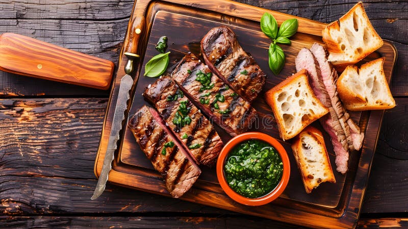 A Rustic Board of Grilled Steak Slices with Chimichu Stock Illustration ...