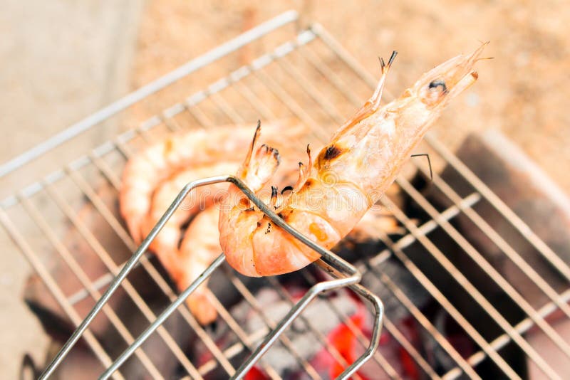 Grilled Fresh Prawns on Flaming Seafood Stock Photo - Image of prawn ...